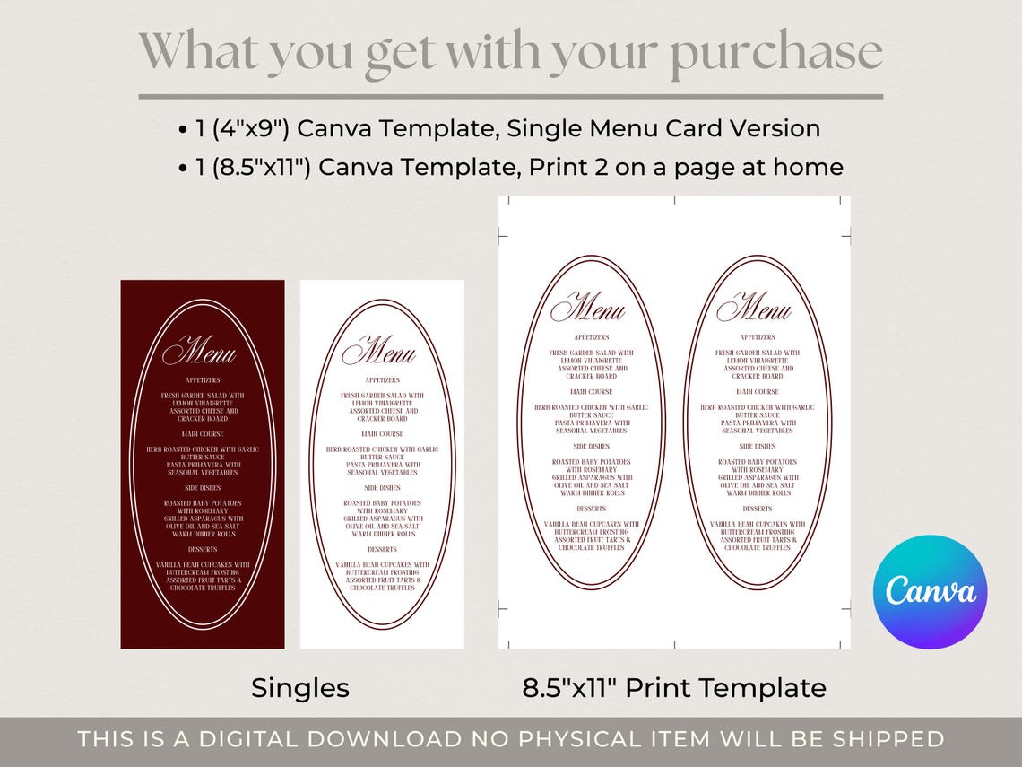 Burgundy Menu Template 4x9 | Elegant Oval Dinner Food Menu Card ...