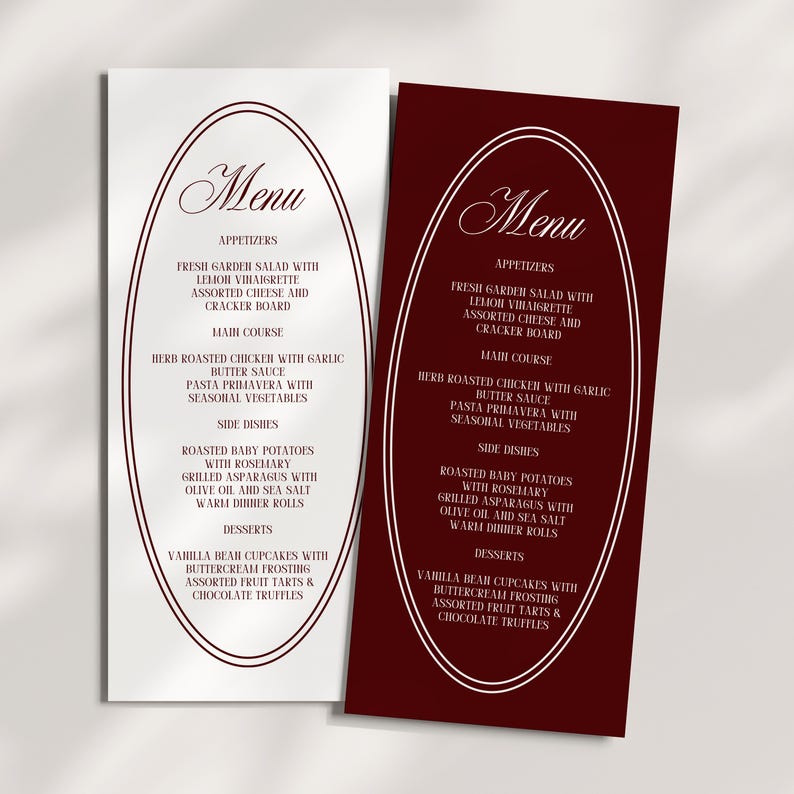 Burgundy Menu Template 4x9 | Elegant Oval Dinner Food Menu Card ...