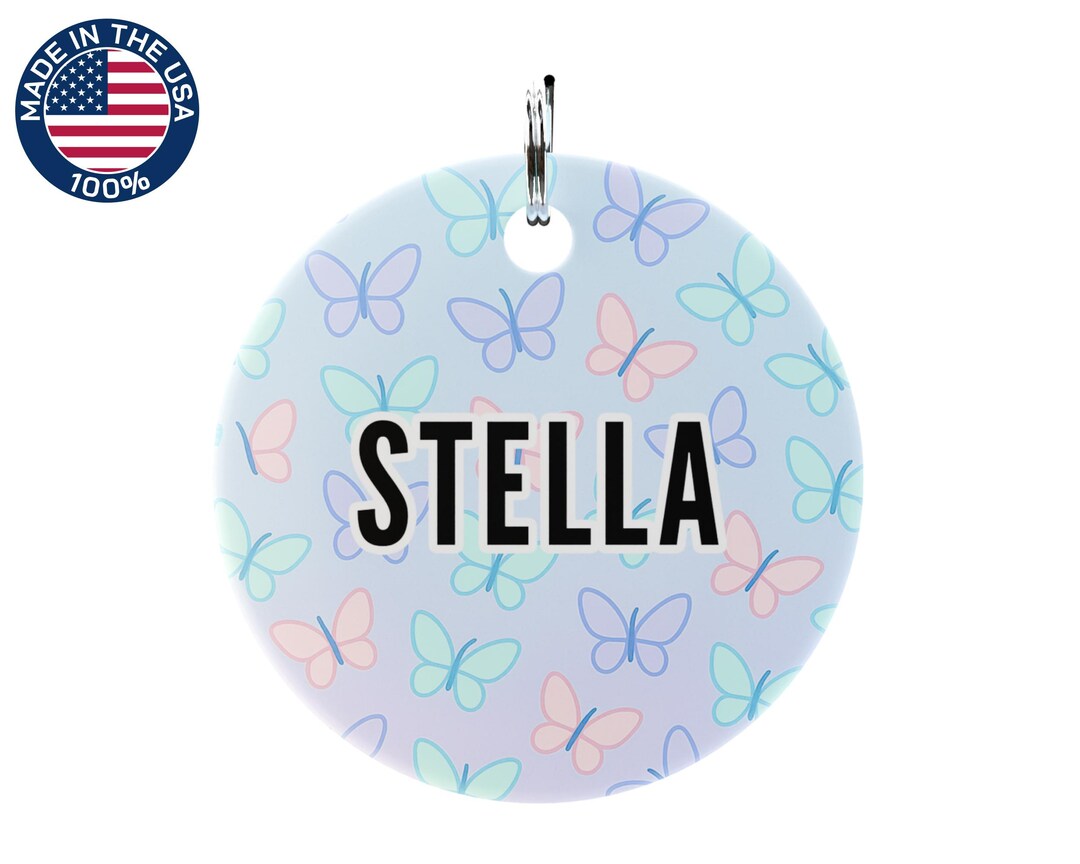 Shimmering Butterfly Dog ID Tag, Custom Round Pet Name Tag, Cheerful ...