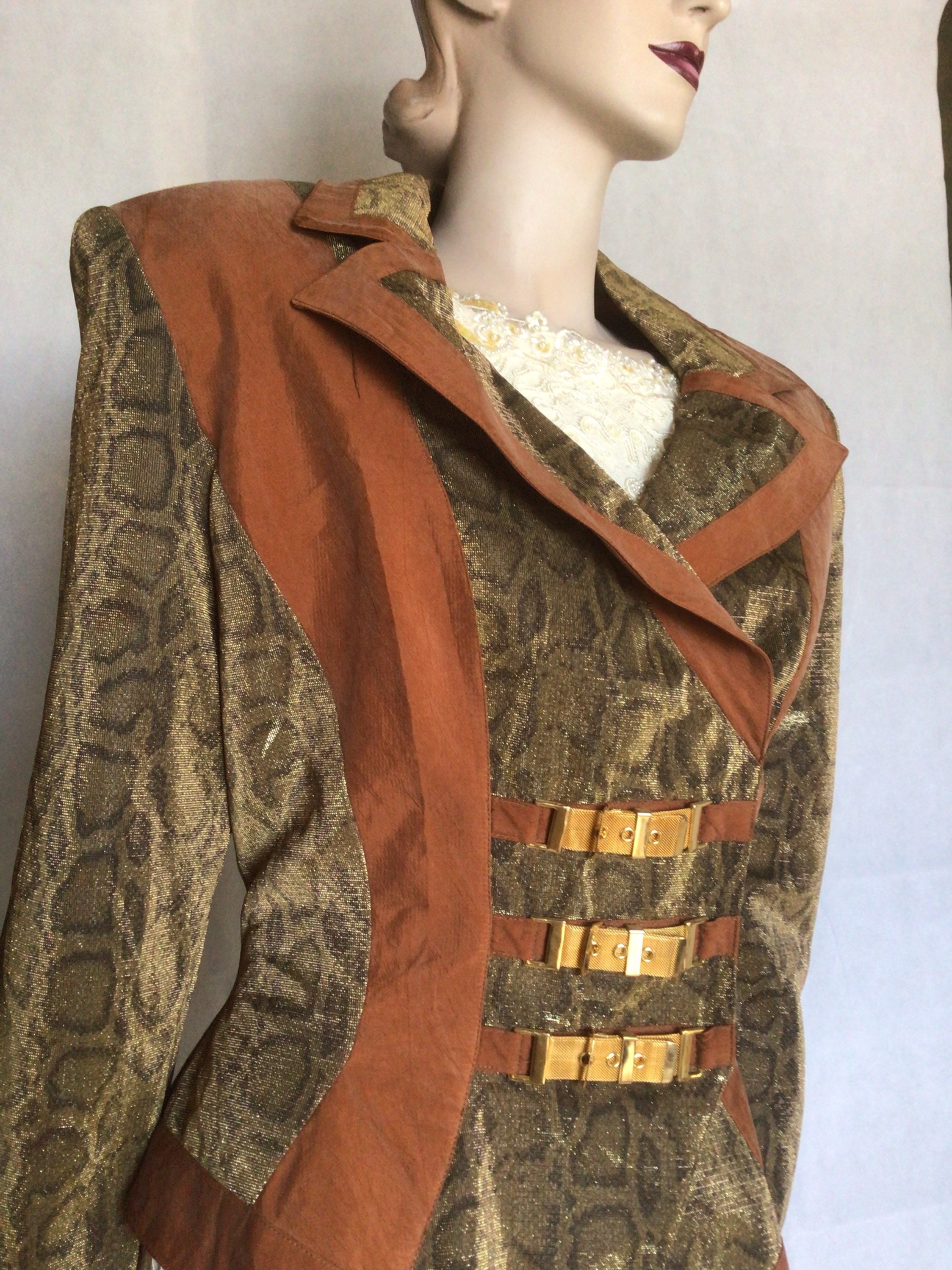 Veg 80s Cache label Removed Tan Snakeskin Metallic Waisted Peplum Style ...