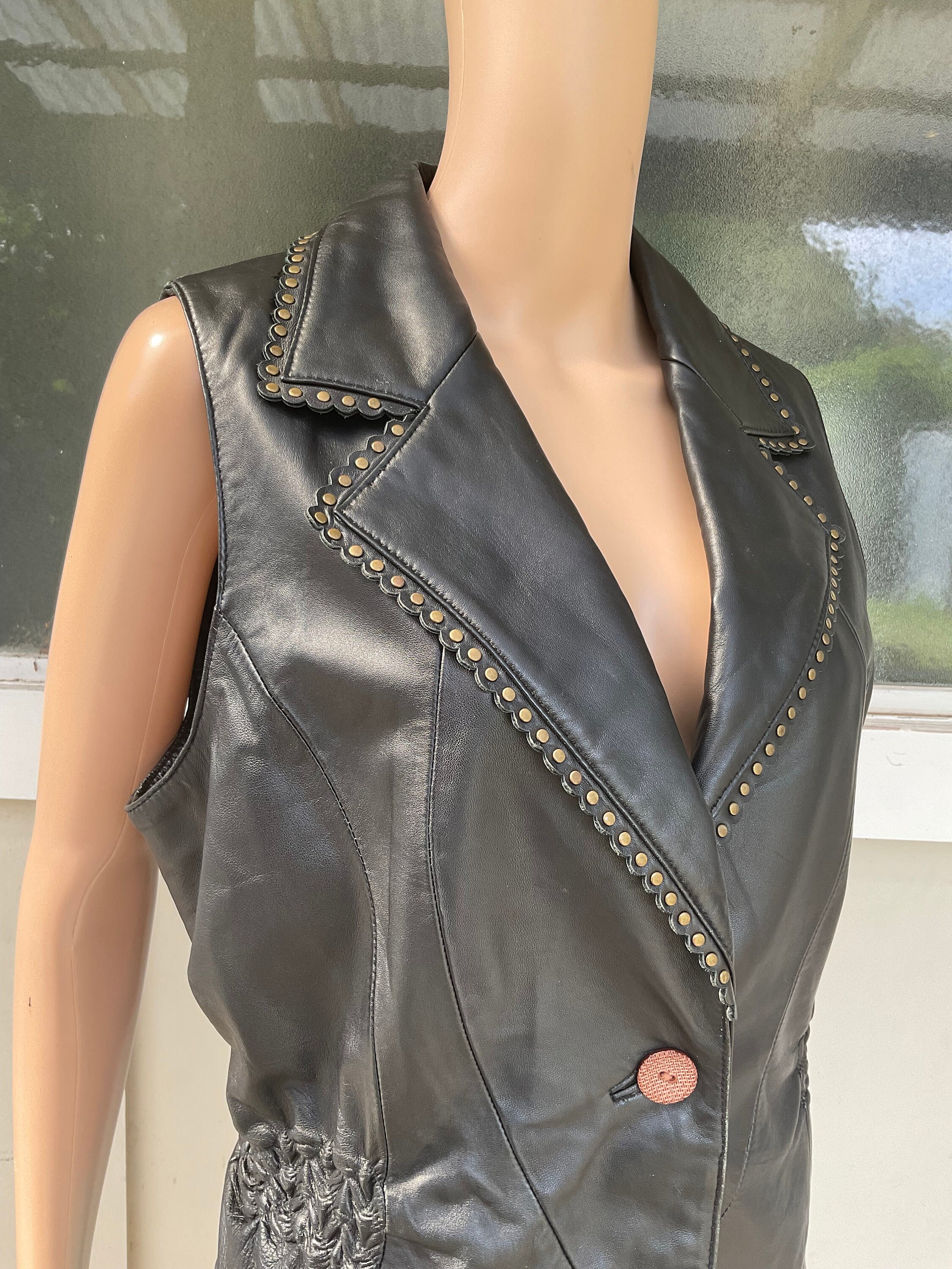 Vtg 90s Wilsons USA Black Leather Vest Waistcoat 3D Embellished L - Etsy