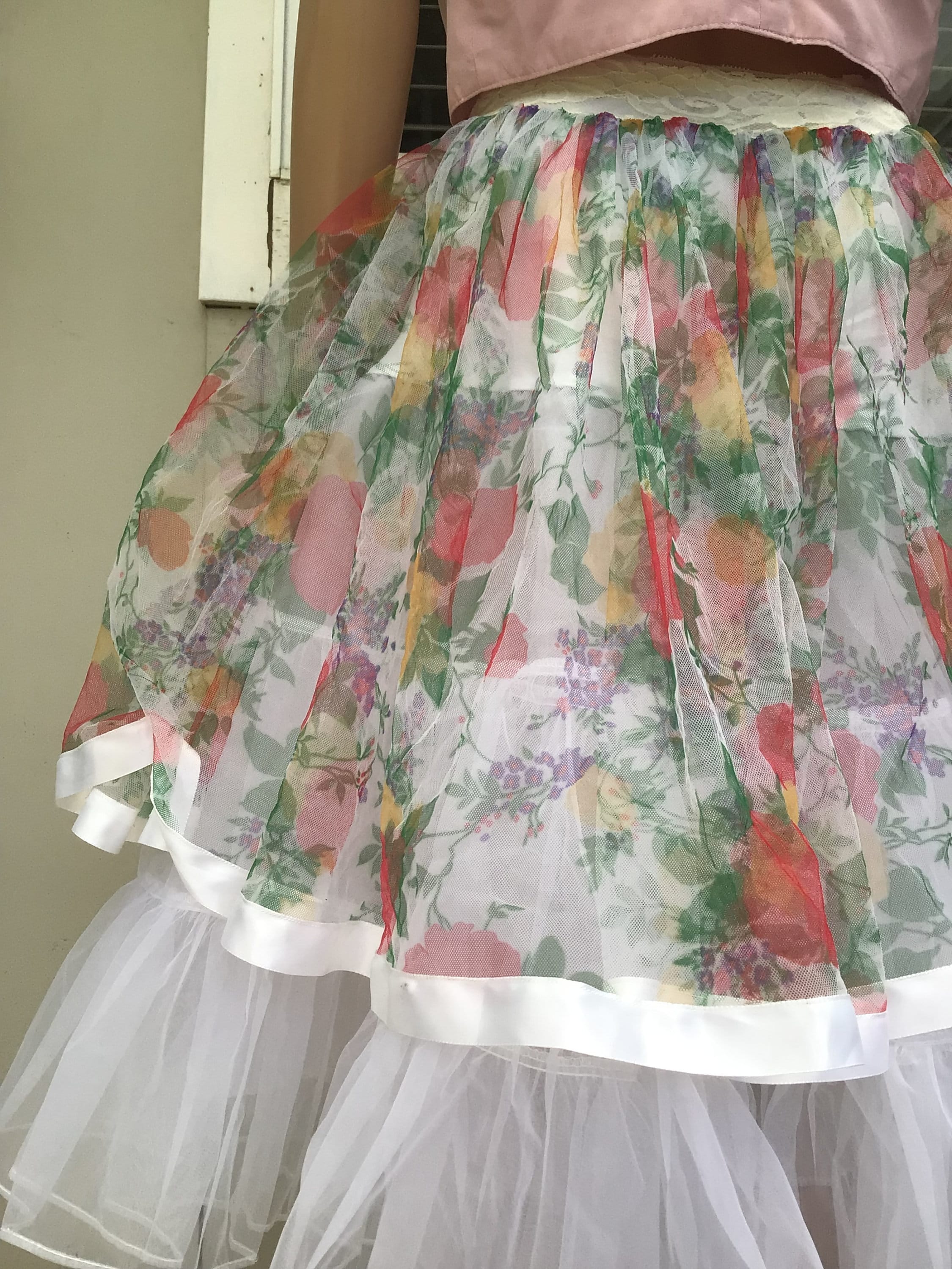 Vtg 60s White Translucent Floral Full Over Skirt Crinoline Lace One ...