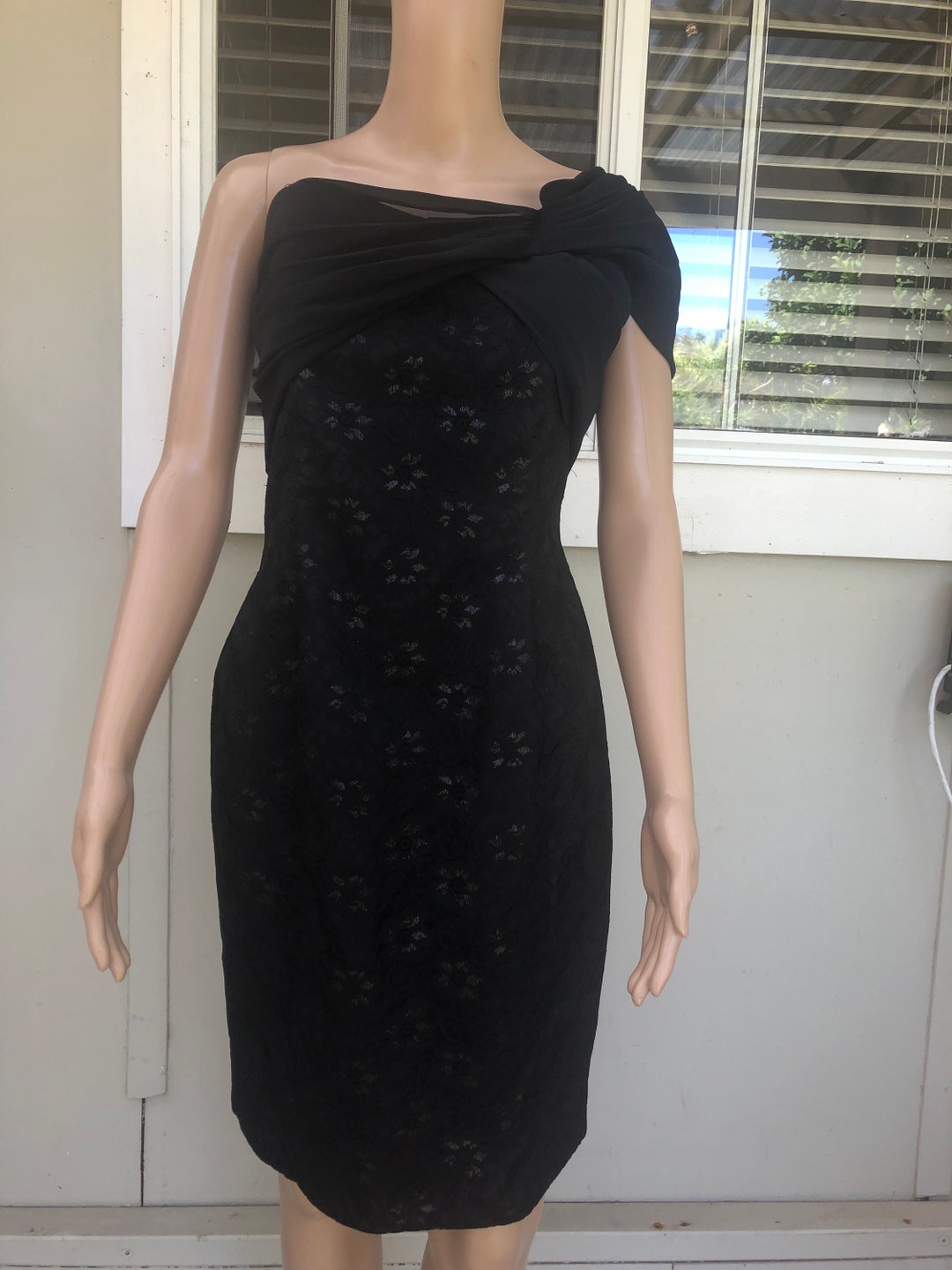 Vtg 80s Does 50s Black Lace PACO One Shoulder Wiggle Cocktail Dress 12 ...