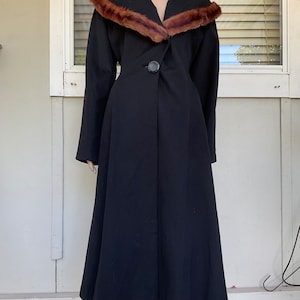Vtg 40s/50 Black Wool Princess Coat Genuine Mink Trim Shawl Collar 8/10 ...