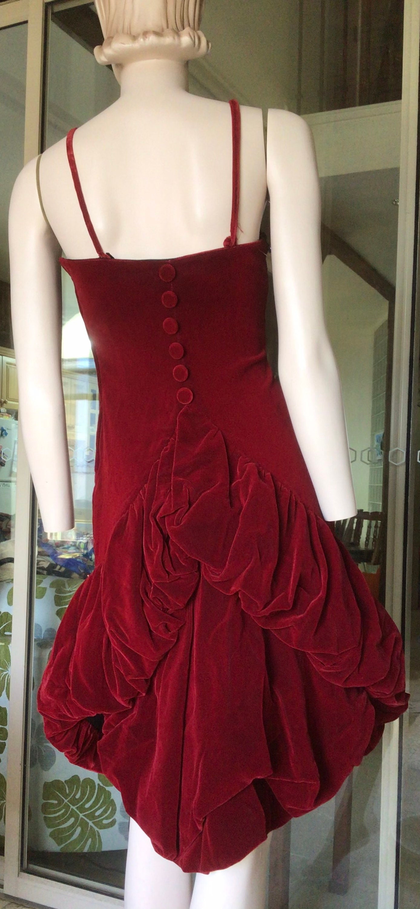 Vtg 70s Red Velvet Balloon Hem Bustle Beaded Sequin Party Cocktail ...