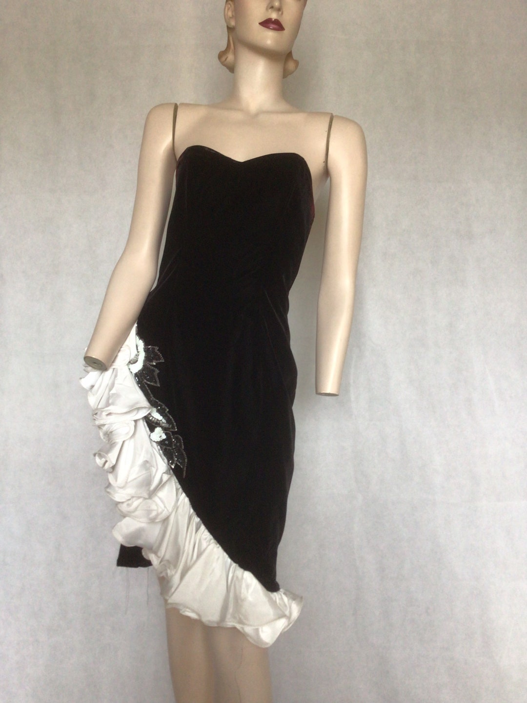 Vtg 80s Black Velvet Cocktail, ASYMMETRICAL NYE Formal Party Dress With ...