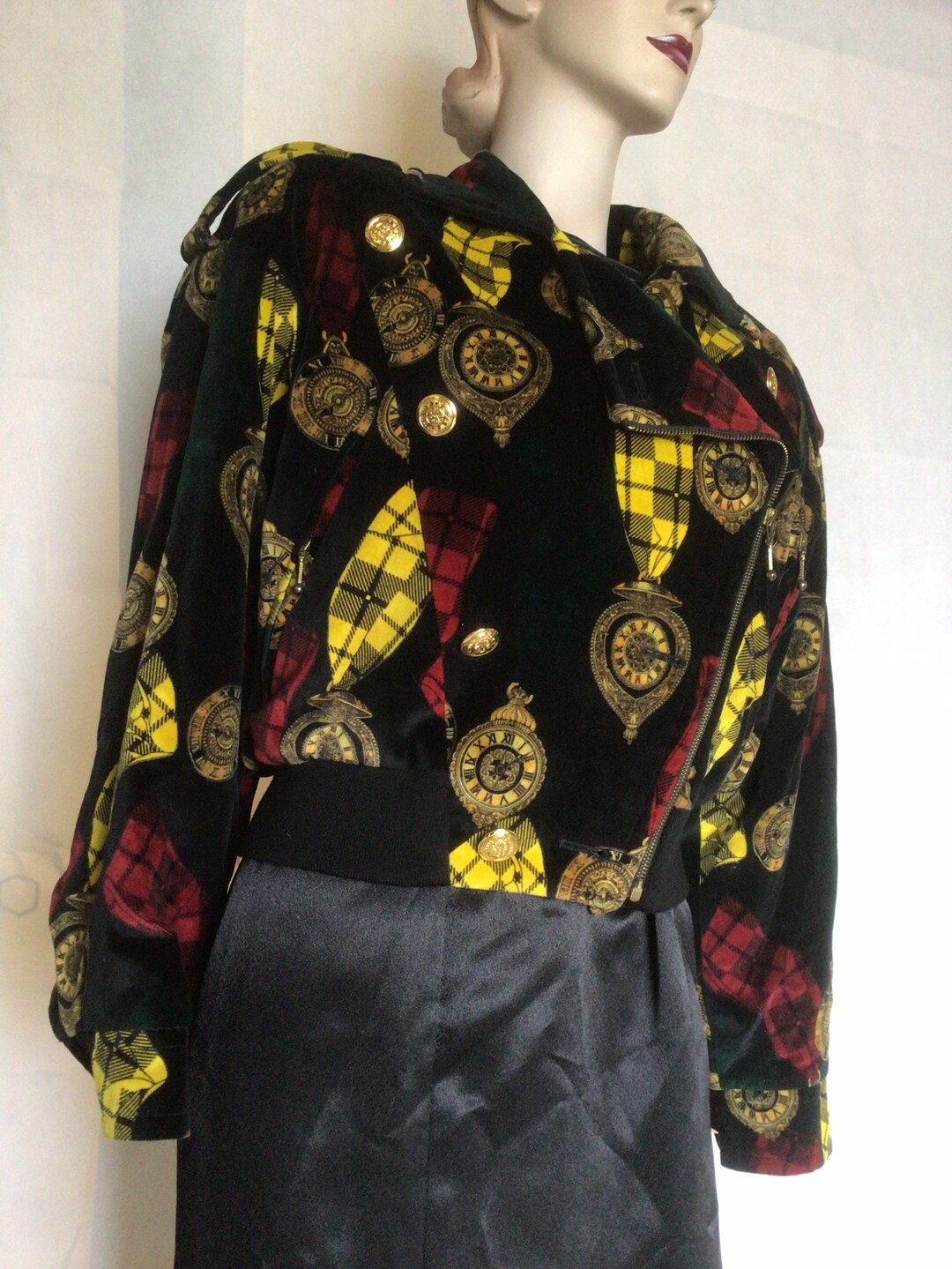 Vtg 80s RARE Escada Designer Dark Green Velvet Clock Insignia Tartan ...