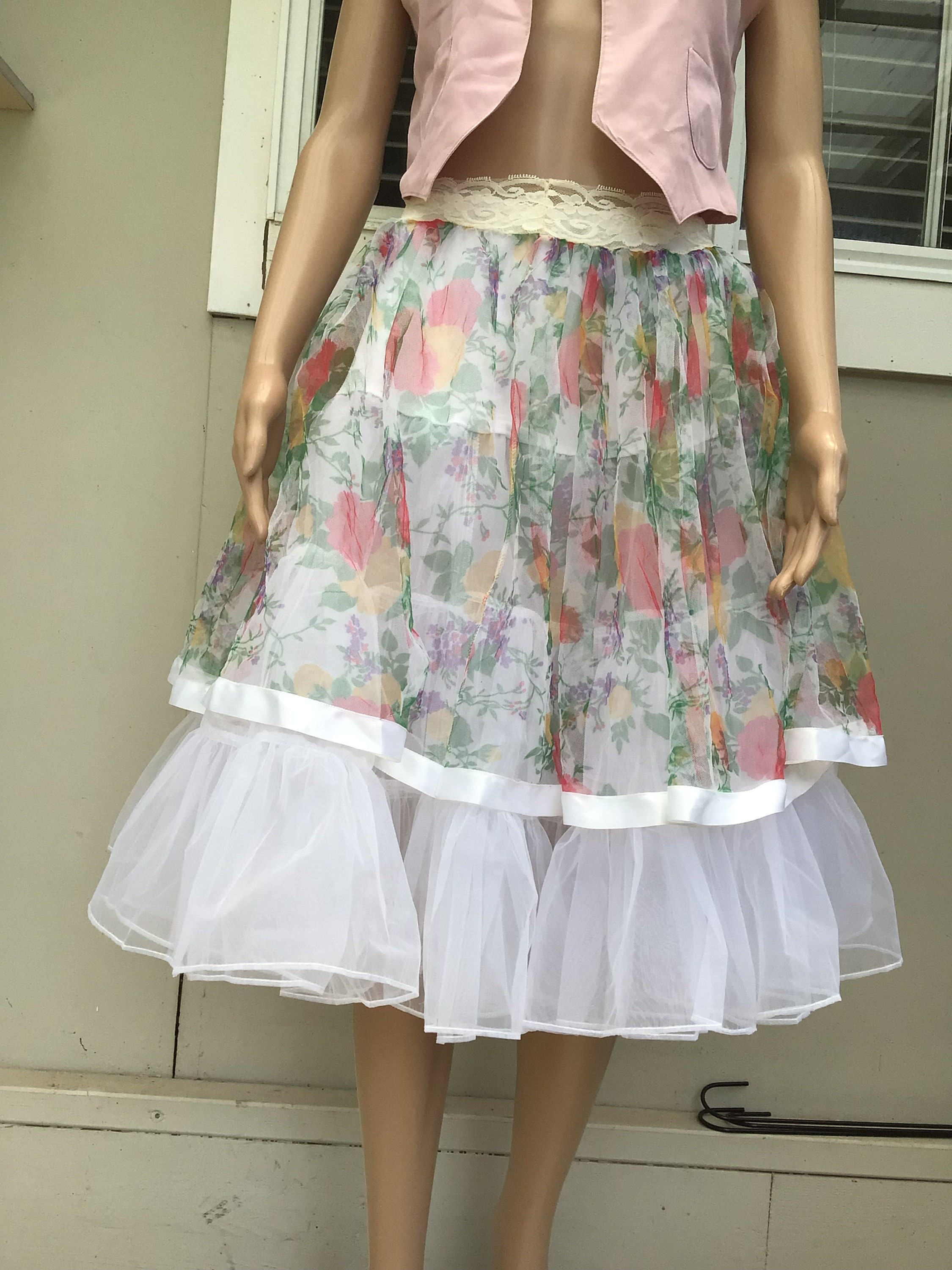 Vtg 60s White Translucent Floral Full Over Skirt Crinoline Lace One ...