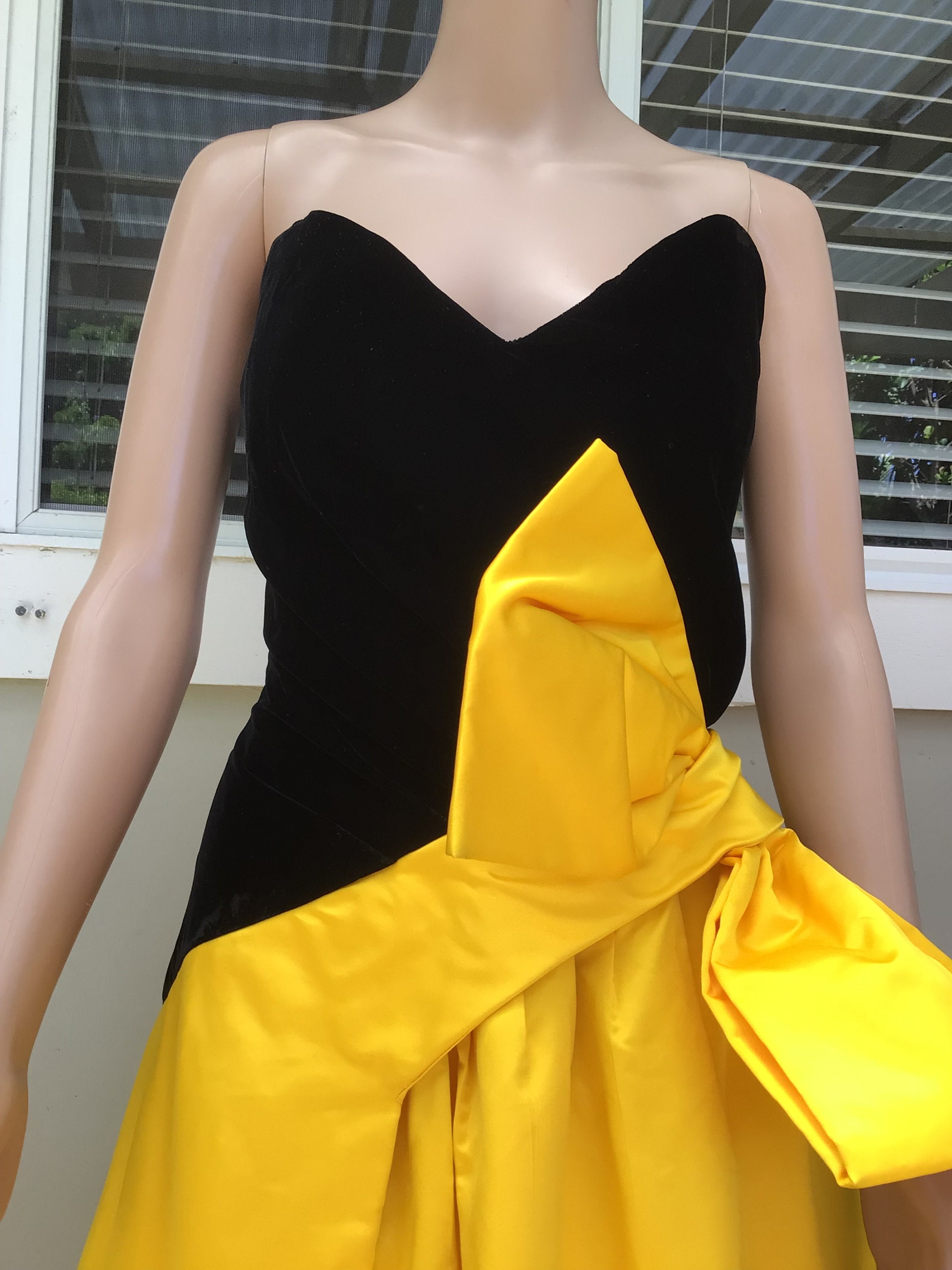 Vtg 80s Scaasi Collectible Black Yellow Ballgown, Evening Formal Dress ...