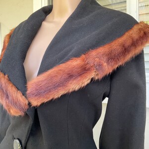 Vtg 40s/50 Black Wool Princess Coat Genuine Mink Trim Shawl Collar 8/10 ...