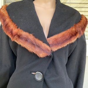 Vtg 40s/50 Black Wool Princess Coat Genuine Mink Trim Shawl Collar 8/10 ...