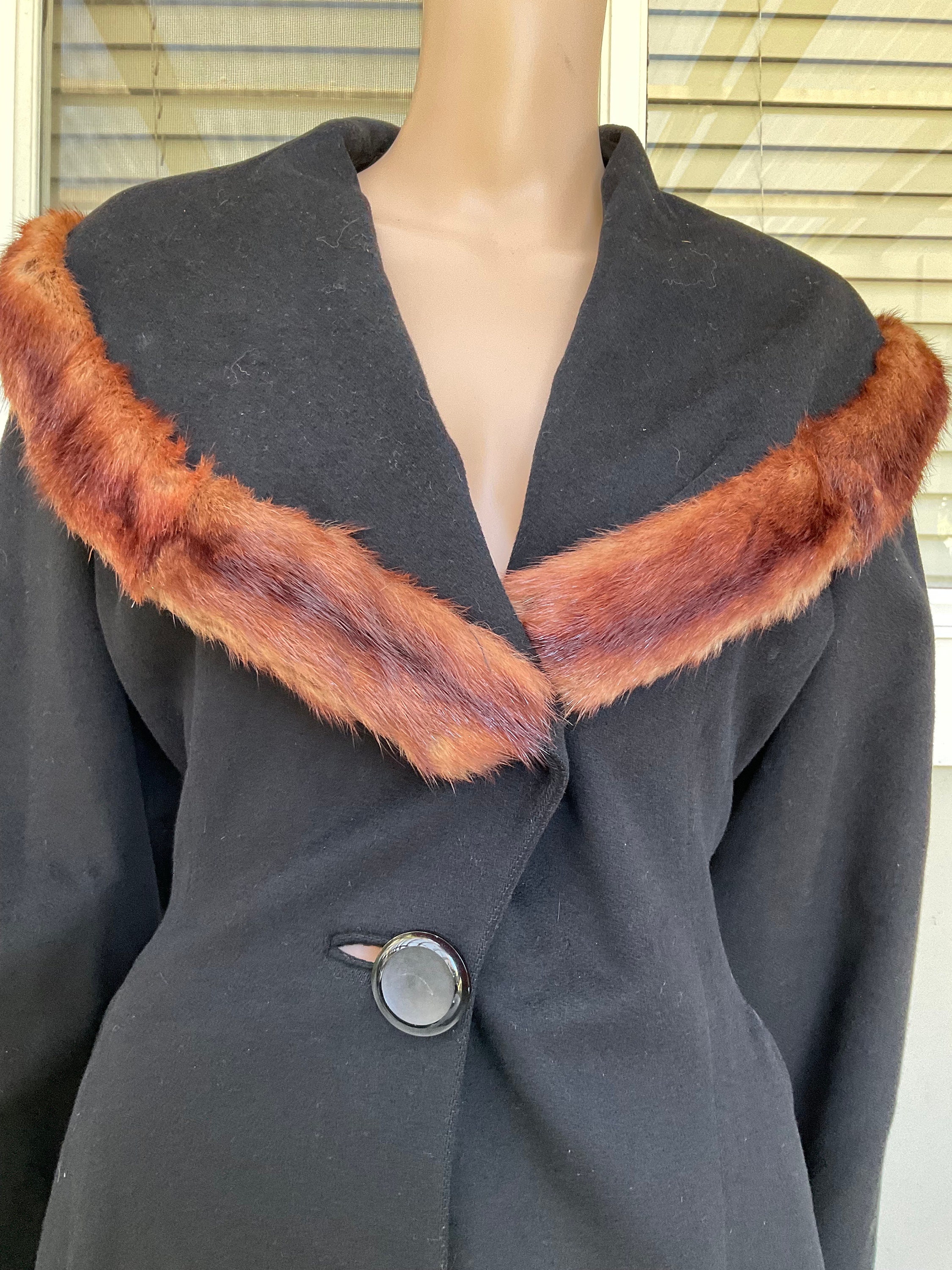 Vtg 40s/50 Black Wool Princess Coat Genuine Mink Trim Shawl Collar 8/10 ...