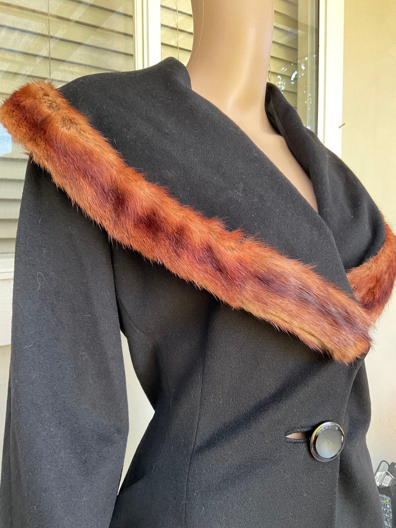 Vtg 40s/50 Black Wool Princess Coat Genuine Mink Trim Shawl Collar 8/10 ...