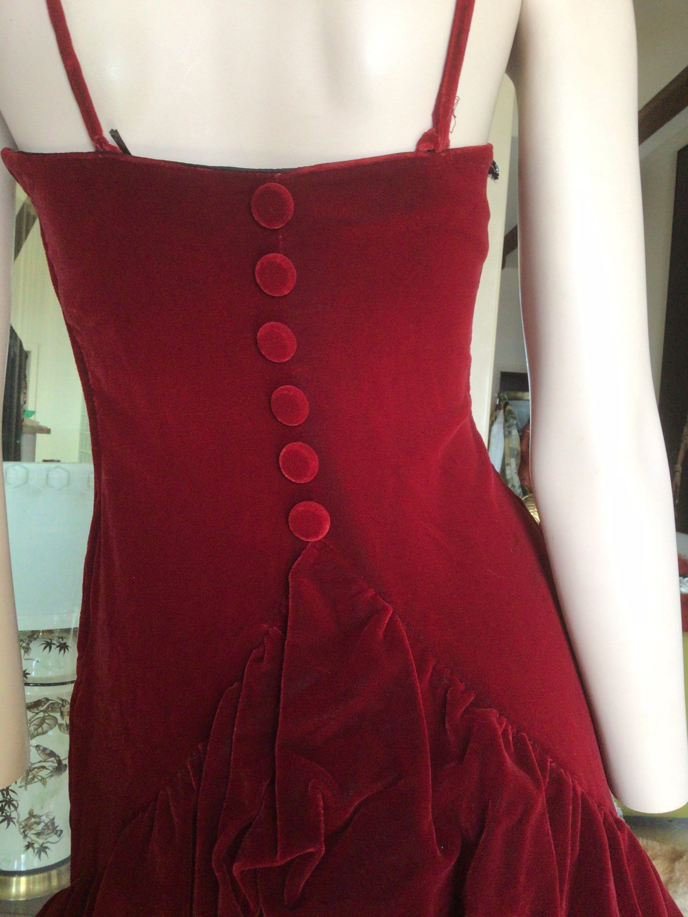 Vtg 70s Red Velvet Balloon Hem Bustle Beaded Sequin Party Cocktail ...