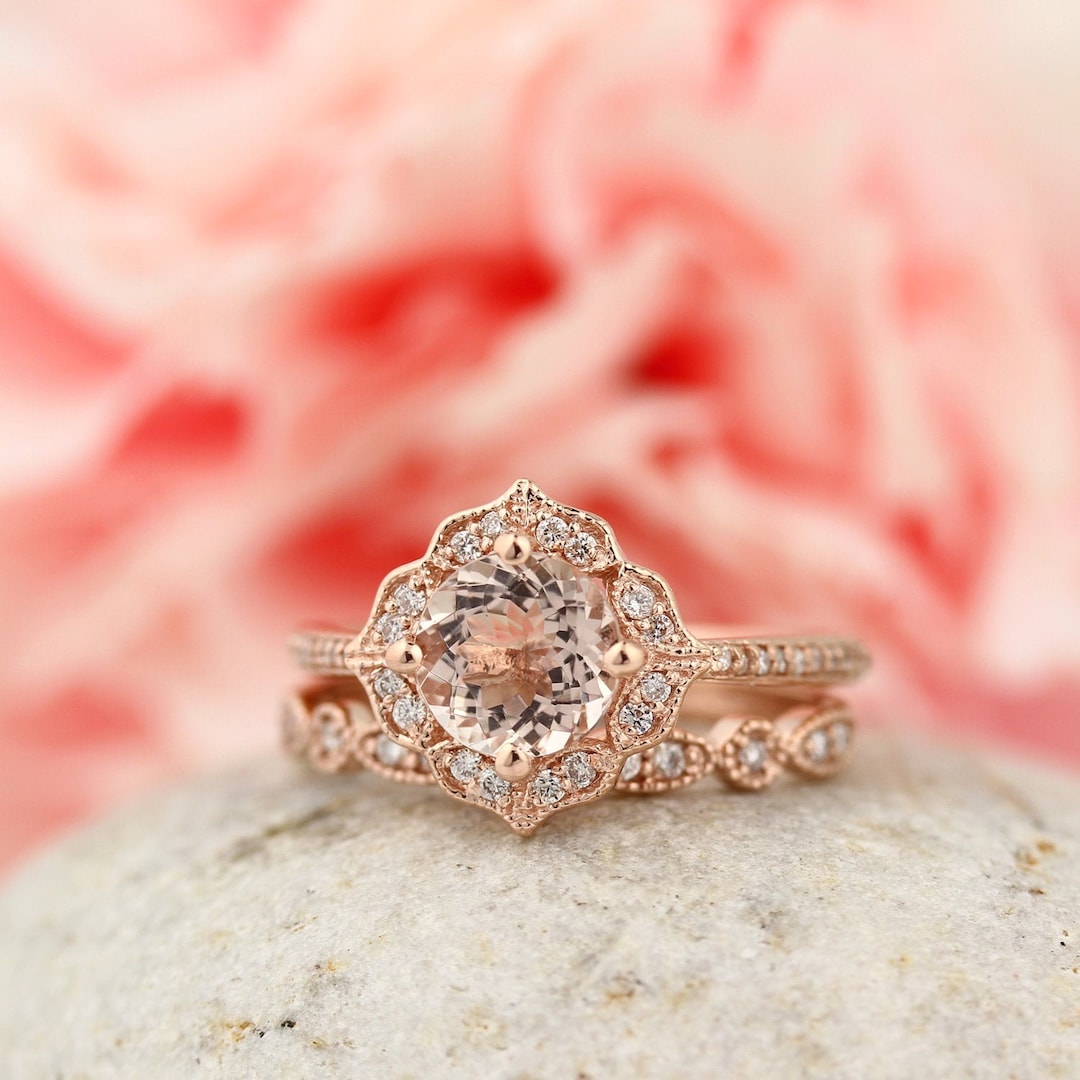AAA Morganite Engagement Ring Set Diamond Wedding Ring Set With Art ...
