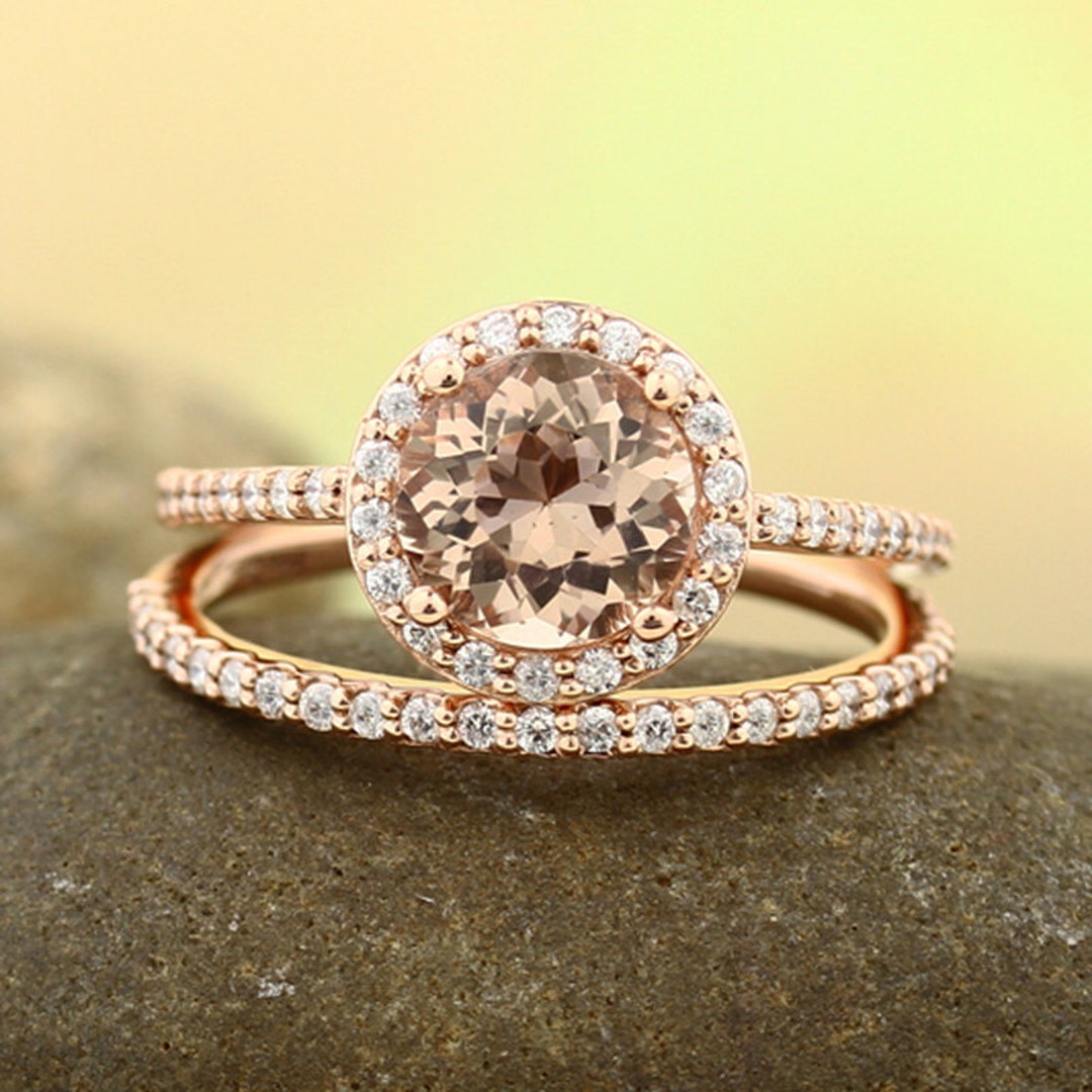Natural Morganite Ring Set, Diamond Halo Morganite Engagement Ring Band ...