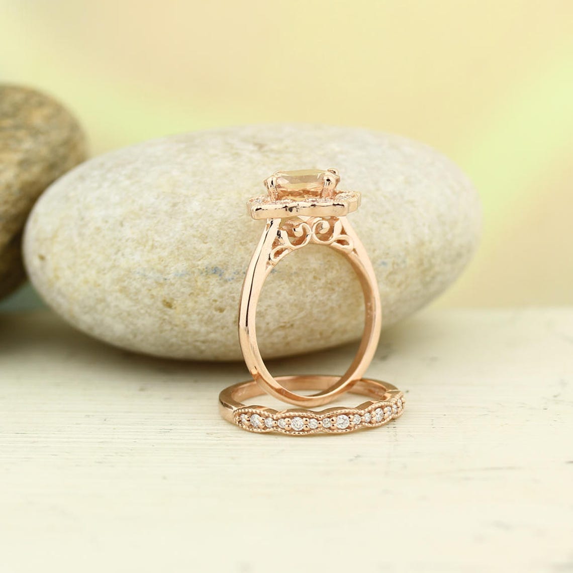 Bridal Set Floral Design Fancy Morganite Engagement Ring With Milgrain ...