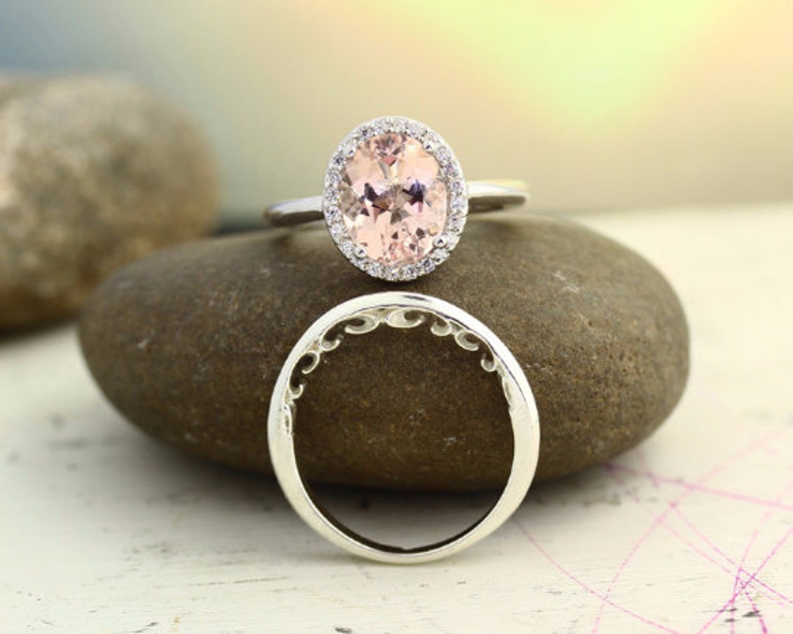 Bridal Set Floral Design Morganite Oval 10x8mm Wedding Set 14K White ...