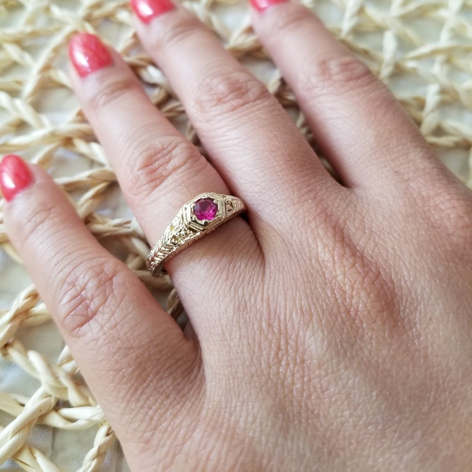 Vintage Solid 14k Yellow Gold Lab Created Ruby Ring - Etsy