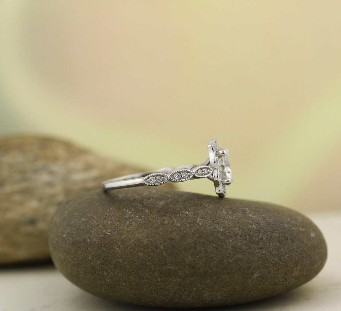 Certified Moissanite Engagement Ring Set Diamond Wedding Vintage Floral ...