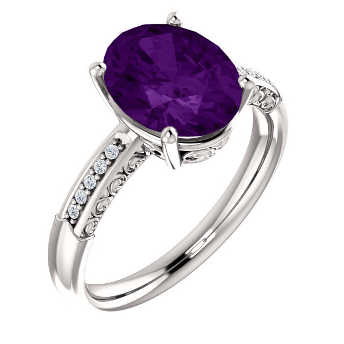 Natural Oval 10x8mm Purple Amethyst Solid 14K White Gold Diamond ...