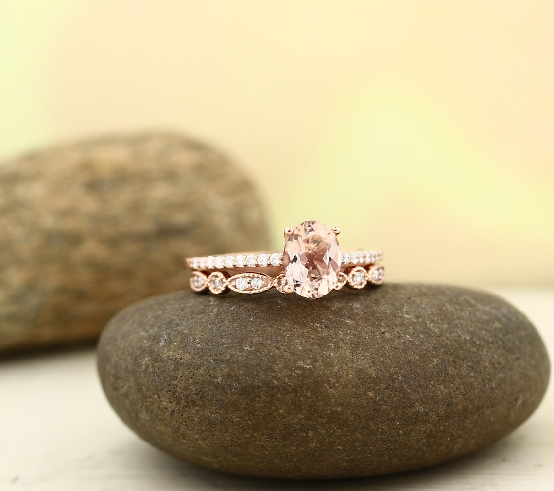 Morganite Engagement Ring Set , Diamond Wedding Ring Set With Art Deco ...