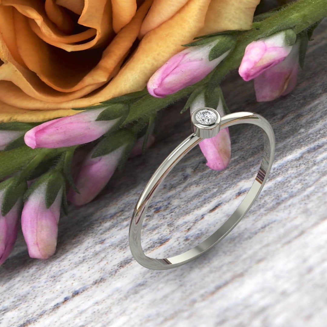 White Gold Diamond Ring/ 14k White Gold Bezel Set Diamond 0.03 Ctw ...