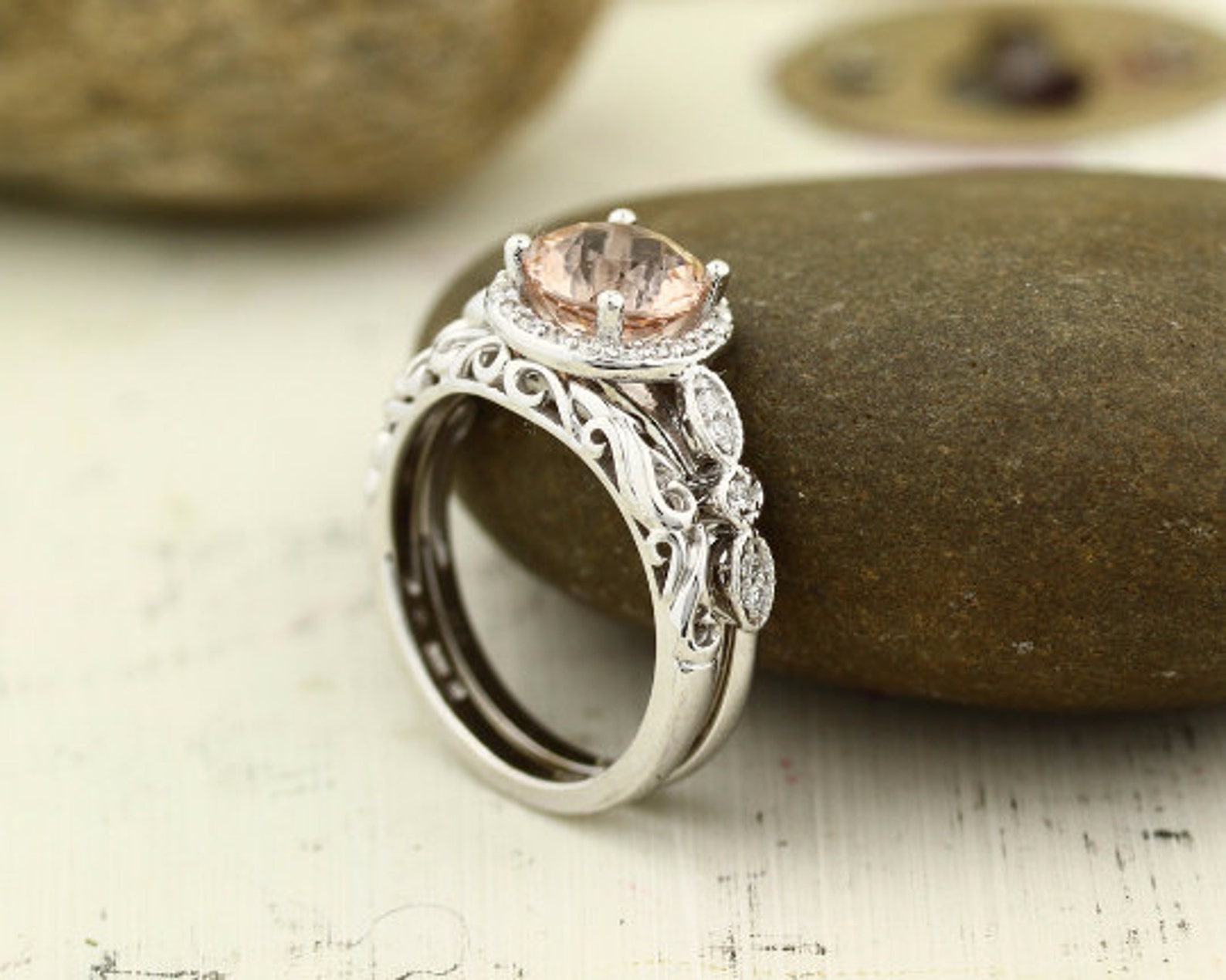 Art Deco Bridal Set Fancy Morganite Wedding Set With Floral Band 14K ...