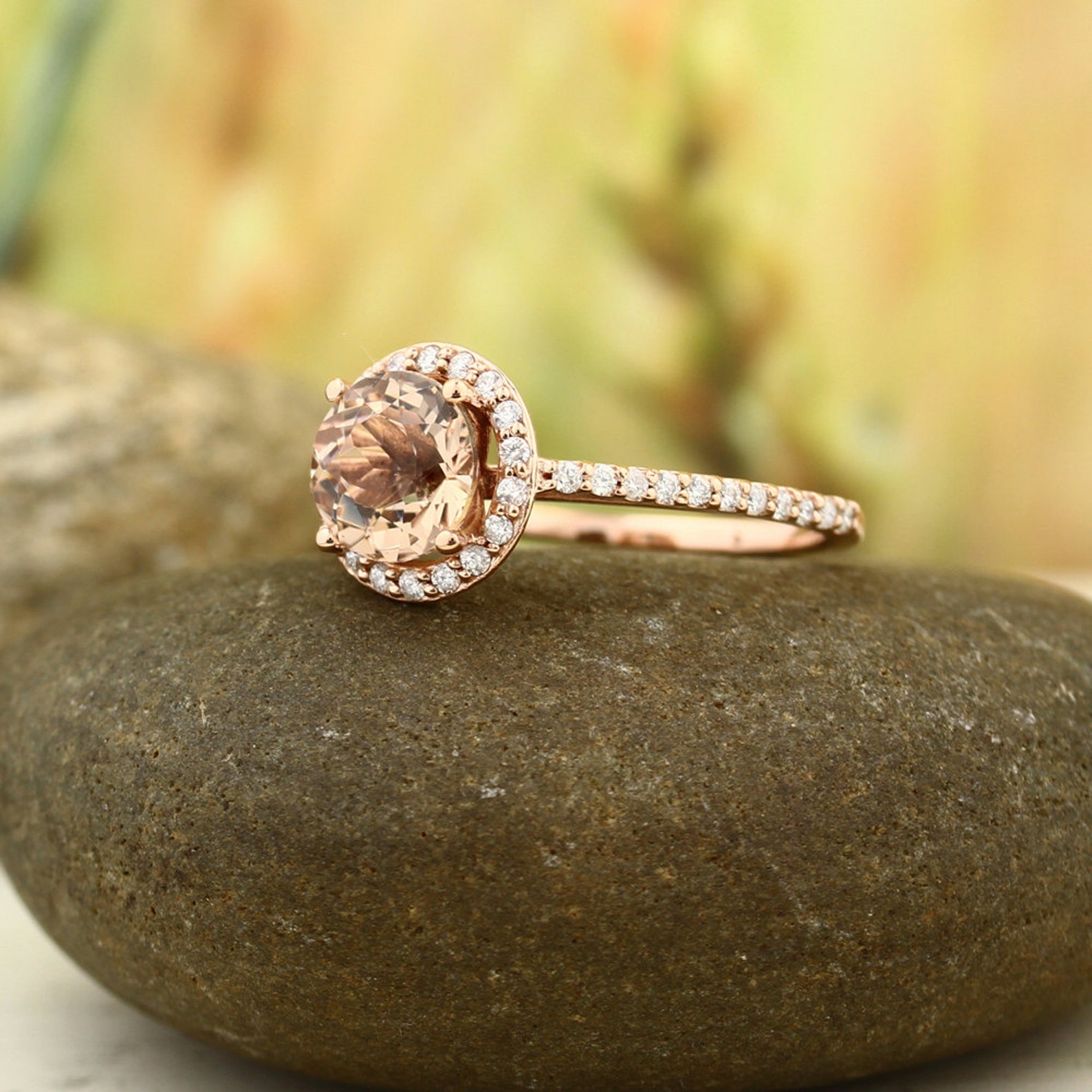 14K Morganite Ring Diamond Halo Morganite Engagement Ring, Roes Gold ...