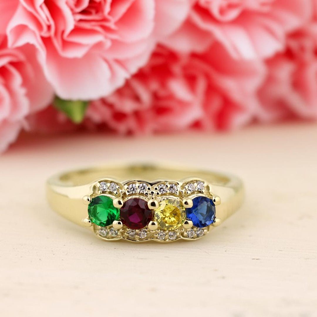 3 or 4 Birthstones Mother's Ring in Solid 10k, 14k White, Yellow or ...