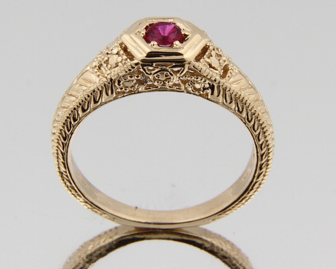 Vintage Solid 14k Yellow Gold Lab Created Ruby Ring - Etsy