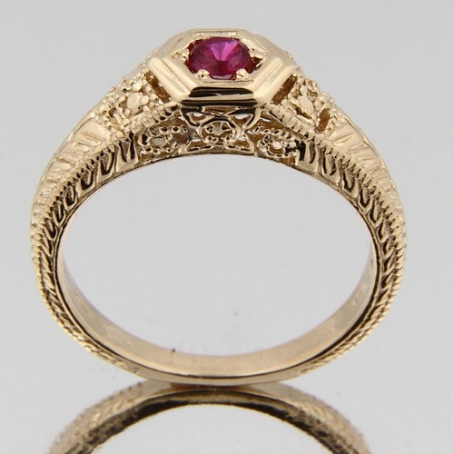 Vintage Solid 14k Yellow Gold Lab Created Ruby Ring - Etsy