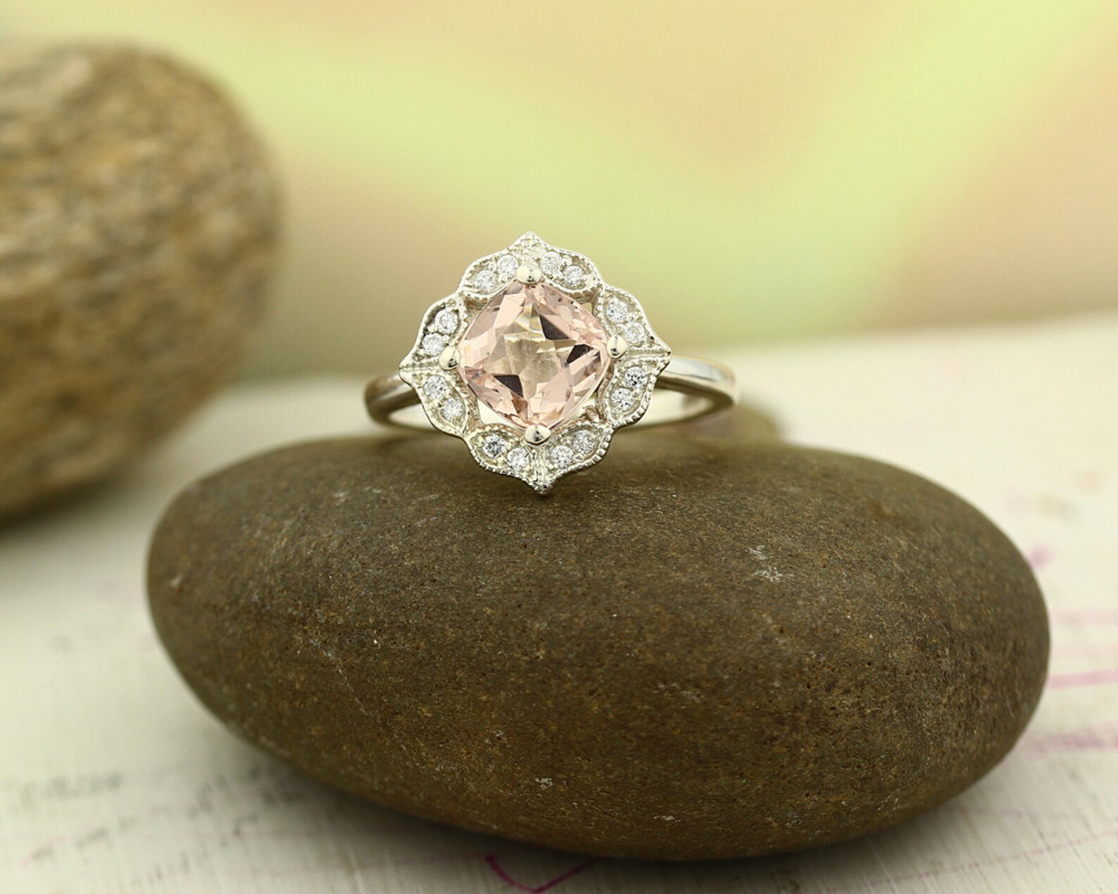Floral Design Morganite Engagement Ring 14K White Gold Diamond Halo ...