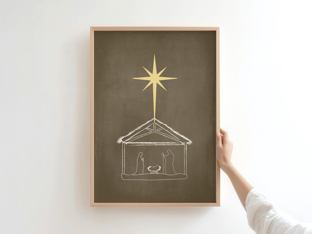 Nativity Scene Abstract Line Art, Vintage Christmas Digital Art Print ...