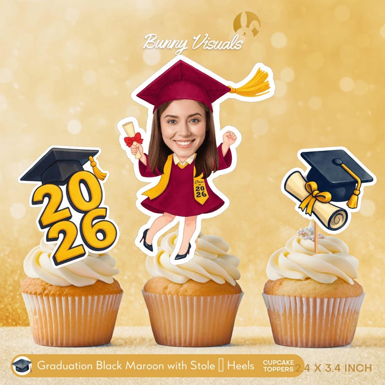 Graduation Cupcake Toppers Custom Face Maroon Gown With Stole & Heels ...