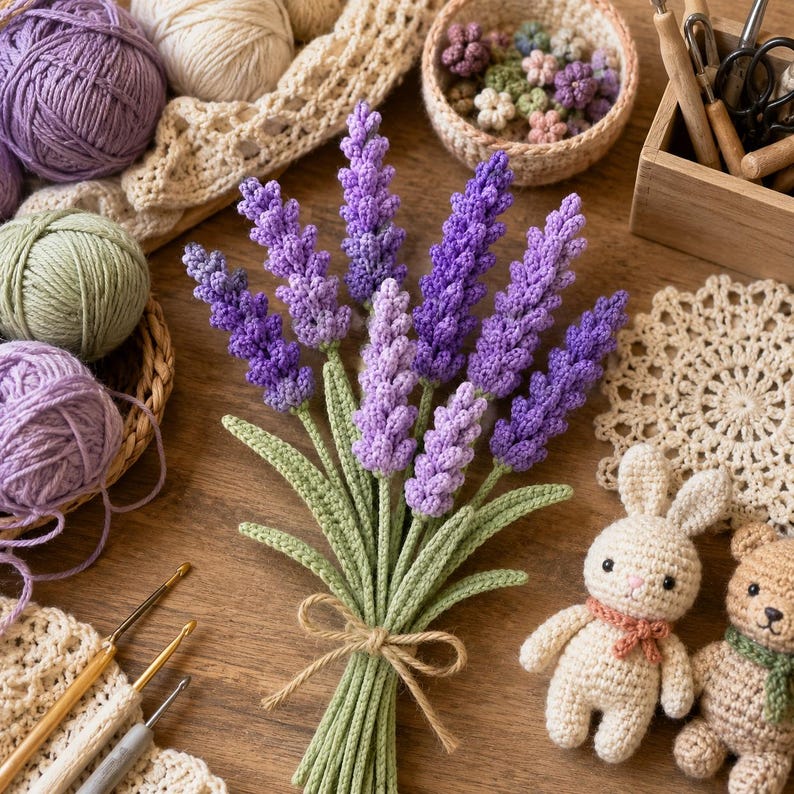 Crochet Lavender Bouquet Pattern, Handmade Flower Decor PDF (instant ...