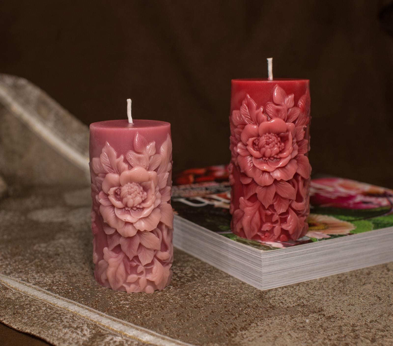 Flower Embossed Pillar Candle With 2 Tone Coloring - Etsy