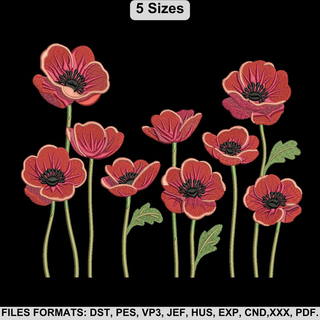 Poppy Flowers Embroidery Design, Red Floral Machine Embroidery Pattern ...