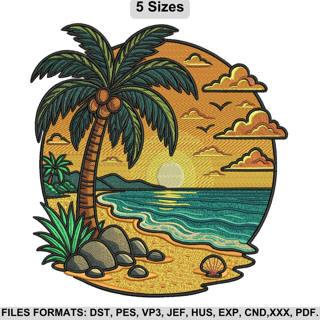 Tropical Beach Sunset Embroidery Design, Palm Tree Ocean Machine ...