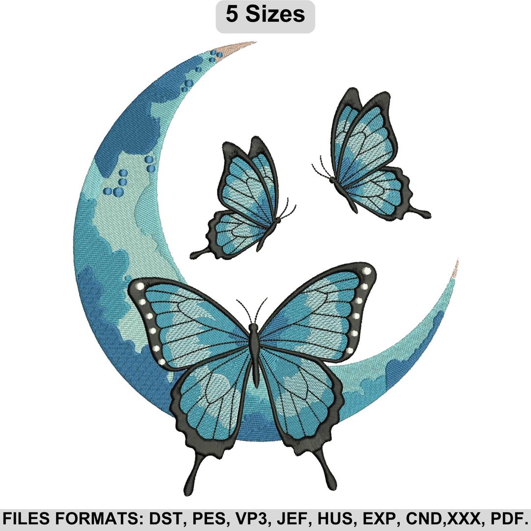 Blue Butterfly Moon Embroidery Design, Crescent Moon Machine Embroidery ...
