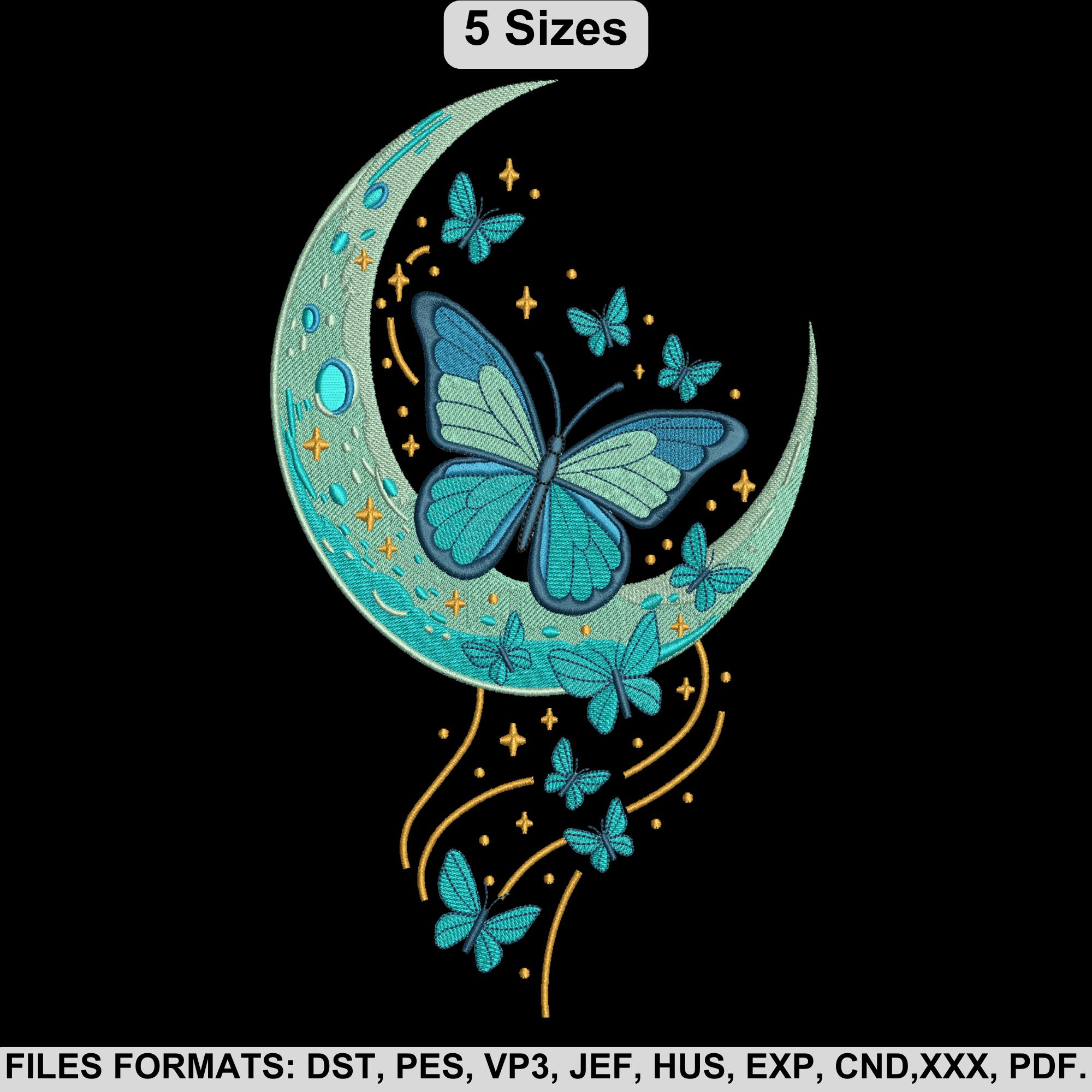 Butterfly Moon Machine Embroidery Design, Crescent Moon and Butterfly ...
