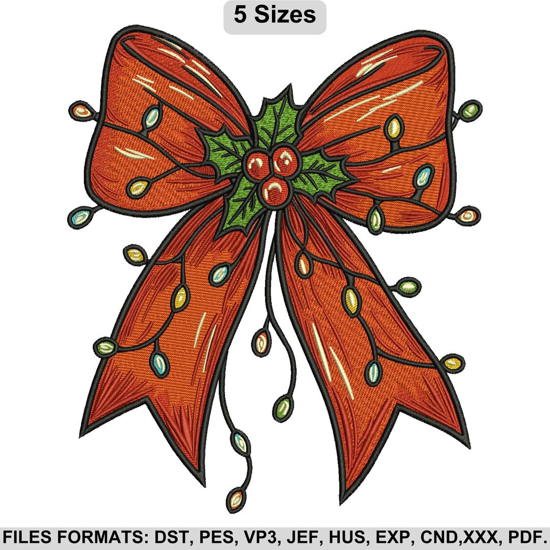 Christmas Bow Embroidery Design, Festive Lights Bow Embroidery Pattern ...