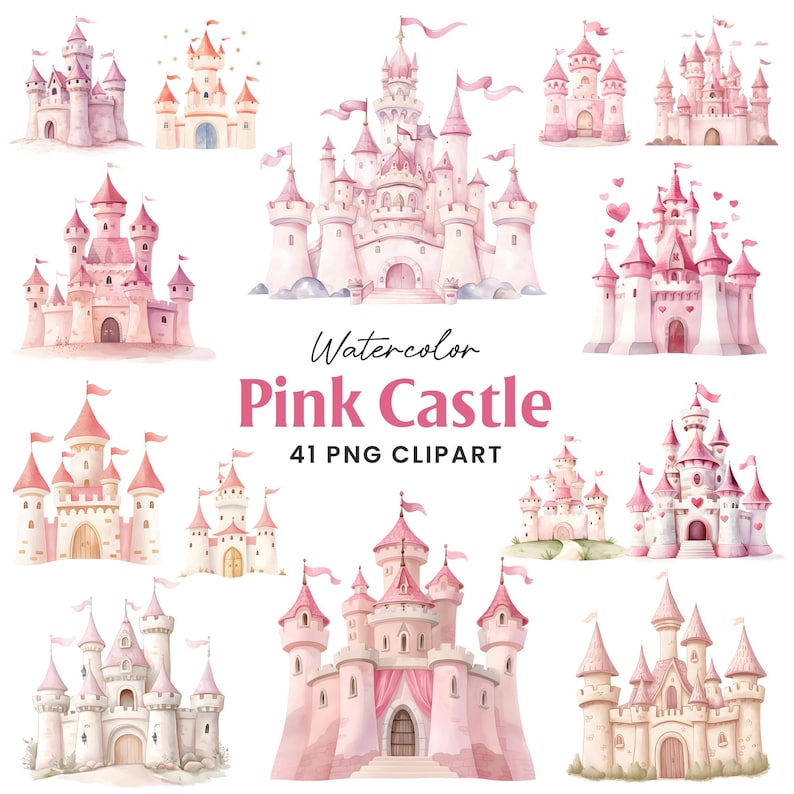 Watercolor Princess Pink Castle Clipart Bundle, Fairytale Little ...