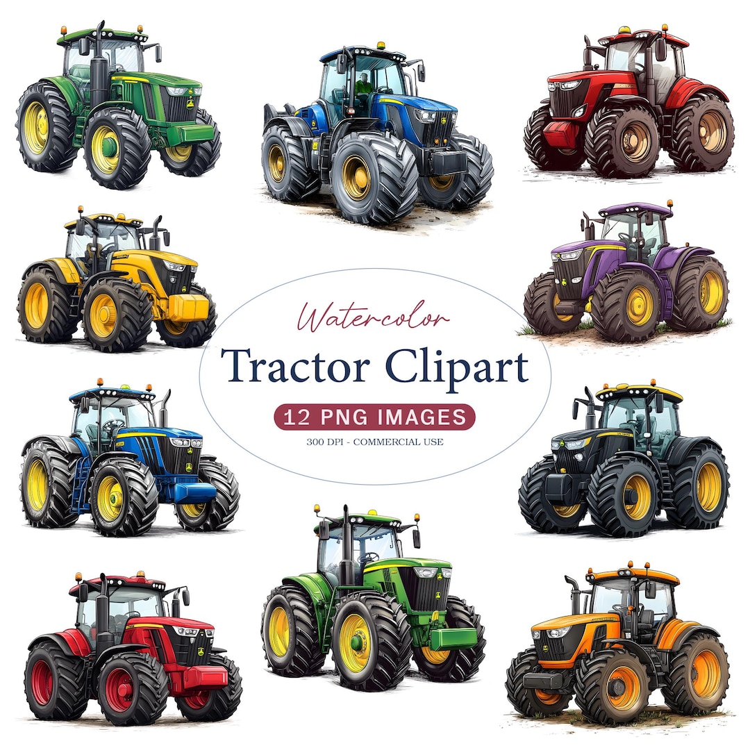 Watercolor Tractor Cliparts, 12 PNG Farm Tractor Clipart Set (digital ...