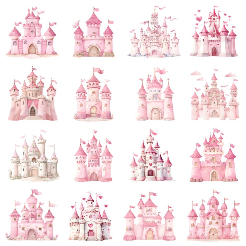 Watercolor Princess Pink Castle Clipart Bundle, Fairytale Little ...