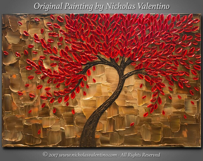 Large 24x36x 1.5 Original Red Tree Impasto Abstract Textured Painting ...