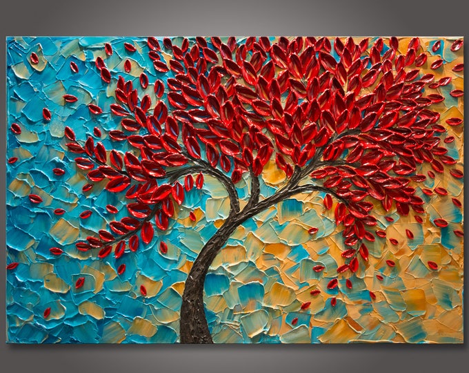 Large 24x36x 1.5 Original Red Tree Impasto Abstract Textured Painting ...