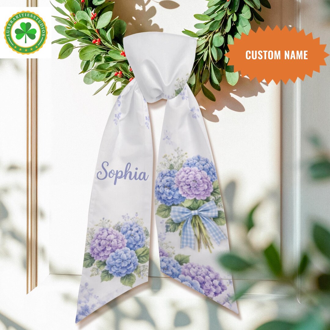 Personalized Hydrangea Wreath Sash, Custom Name Floral Ribbon ...