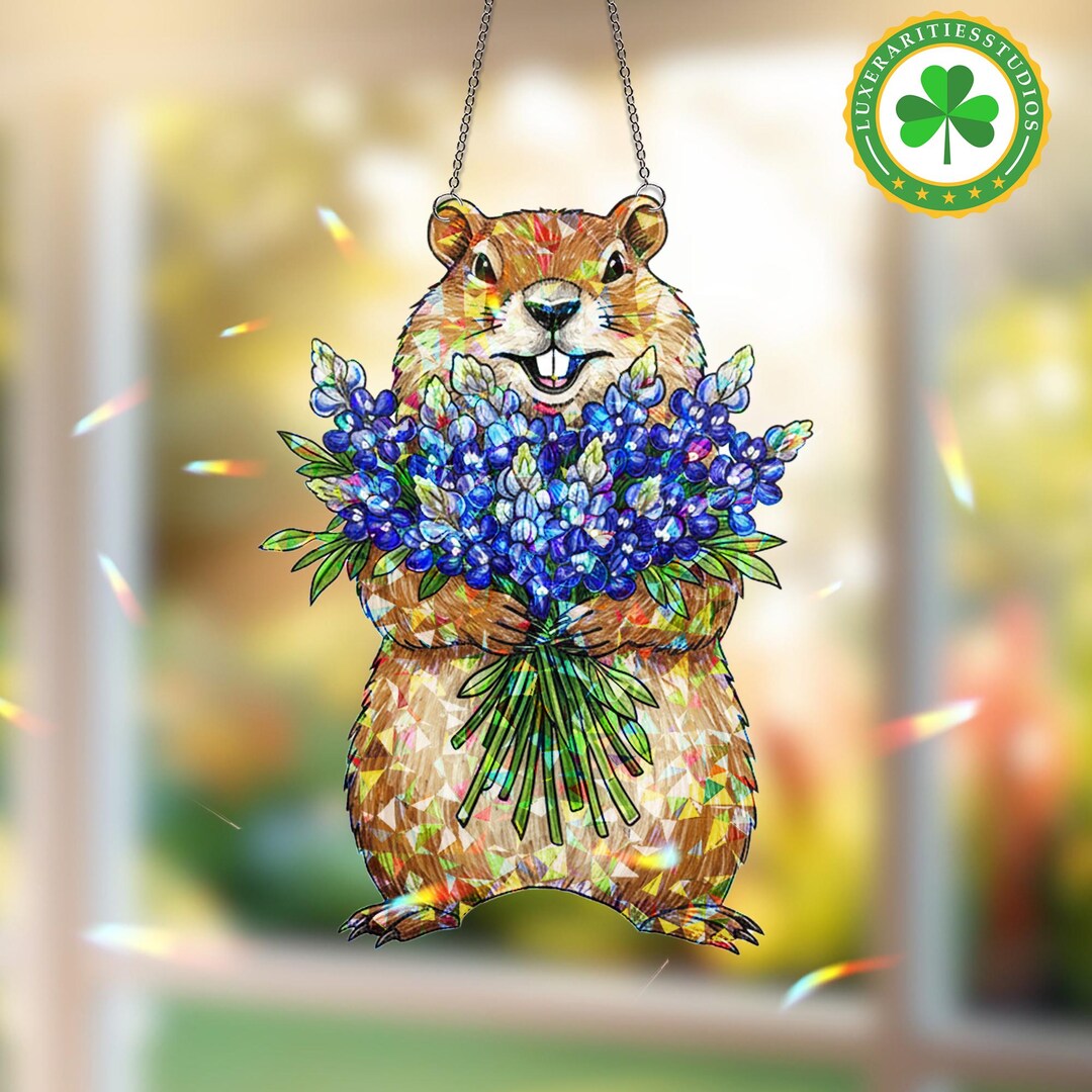 Groundhog & Myosotis Hologram Suncatcher, Plant Lover Window Decor - Etsy