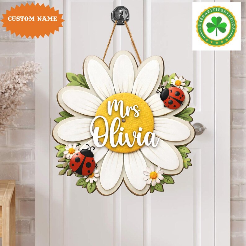 Personalized Teacher Wooden Sign, Custom Teacher Name Sign, Ladybug ...